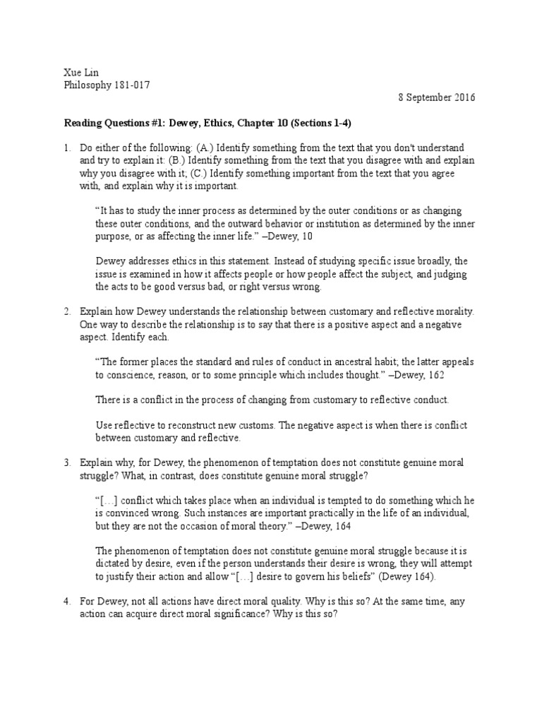 Reading Questions #1: Dewey, Ethics, Chapter 10 (Sections 1-4) | PDF ...