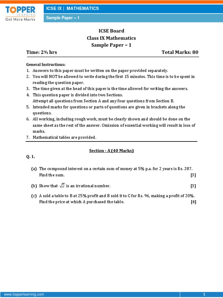 ICSE Sample Paper Class 9 - Mathematics - # 1 Questions ...
