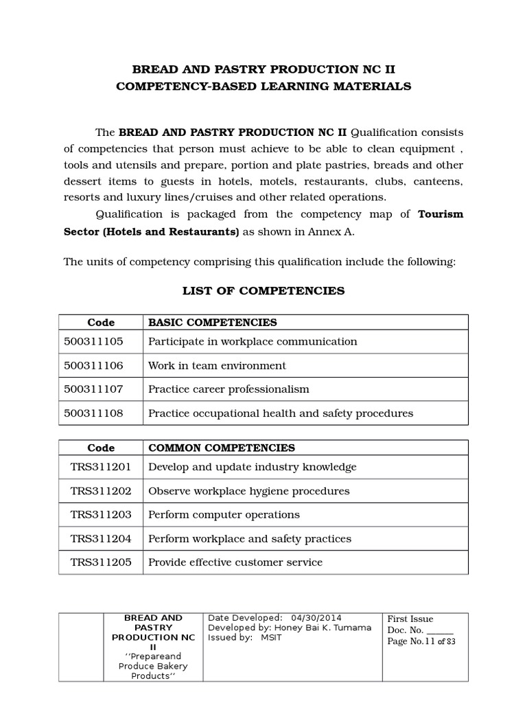 Bread and Pastry Production NC Ii Competency-Based Learning Materials | PDF | Breads | Yeast