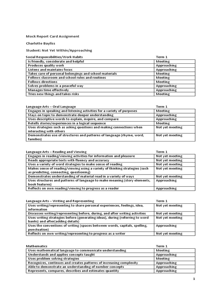 Mock Report Card Approaching | PDF | Reading (Process) | Teaching ...