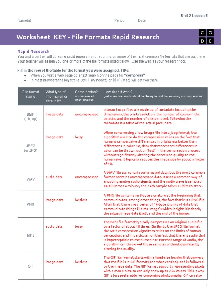 Worksheet KEY - File Formats Rapid Research | PDF | Data Compression ...