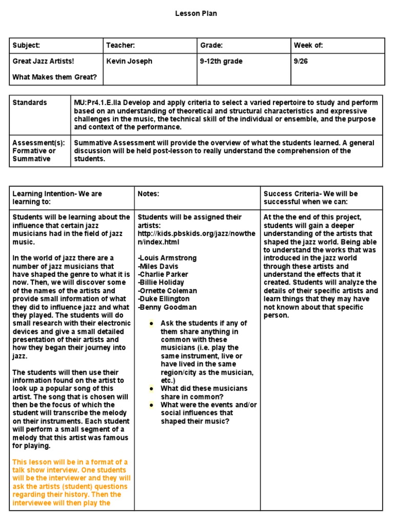 Jazz Lesson Plan | PDF | Jazz | Educational Assessment