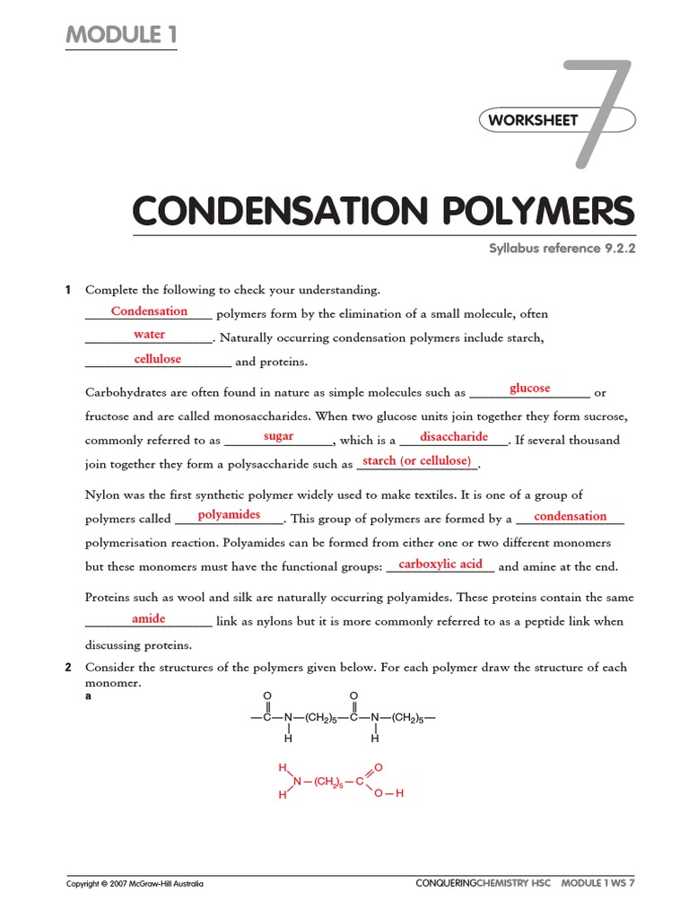 Condensation Polymers: Worksheet | PDF | Science & Mathematics