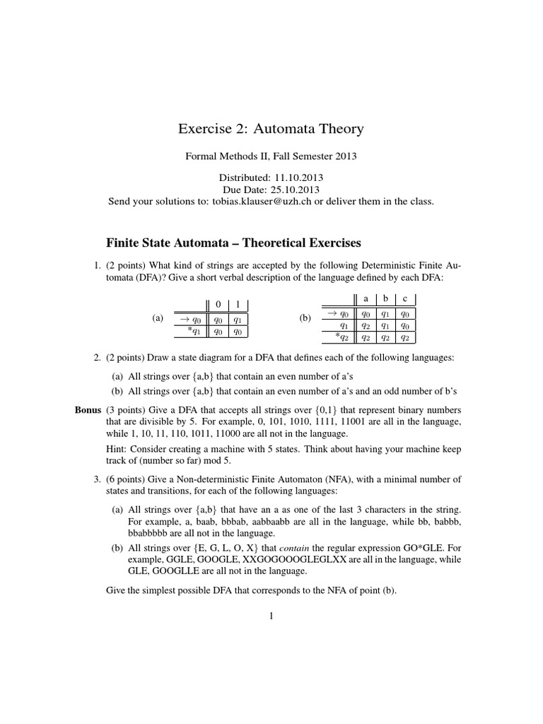 Exercise 2: Automata Theory: Finite State Automata - Theoretical Exercises | PDF | Areas Of ...