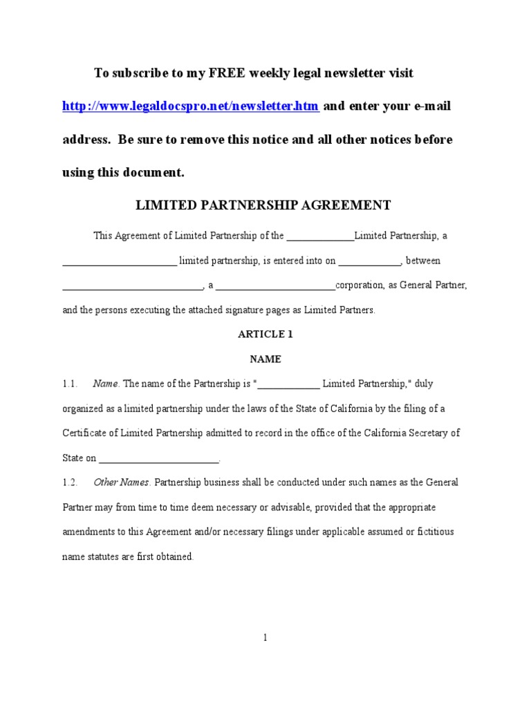Sample California Limited Partnership Agreement | PDF | Partnership ...