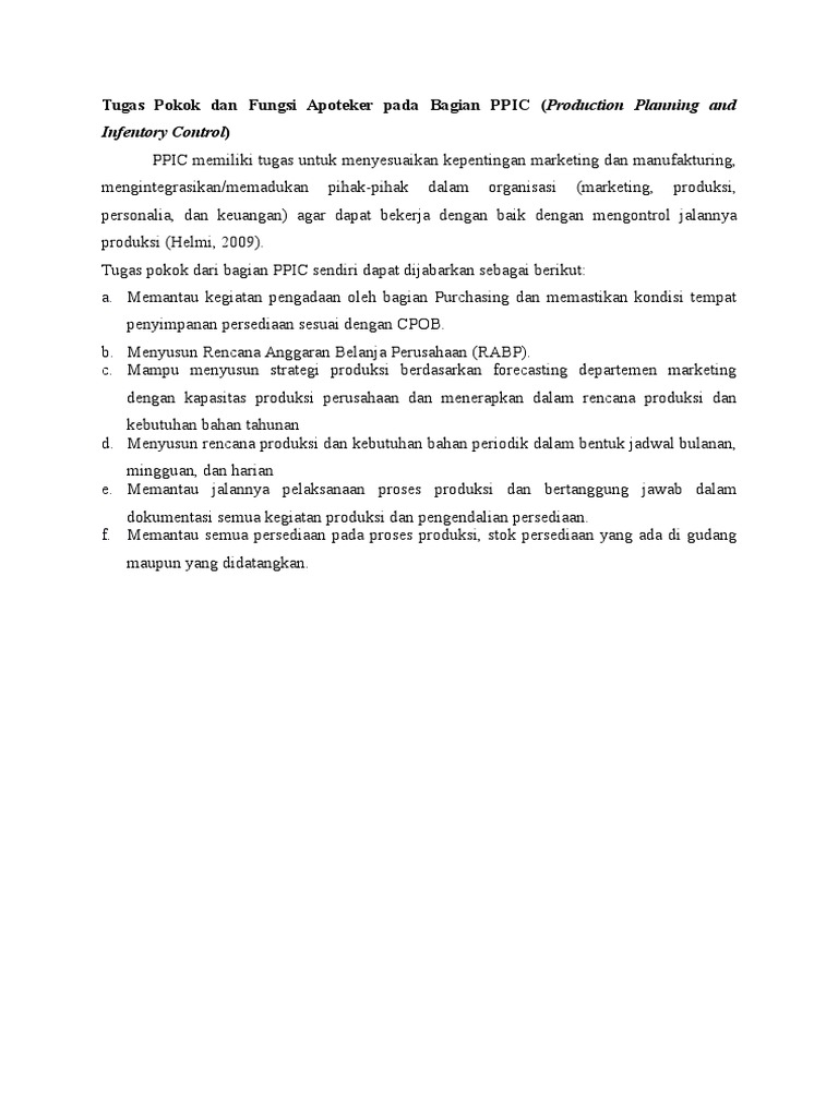 Tugas Pokok Dan Fungsi Apoteker Pada Bagian PPIC | PDF