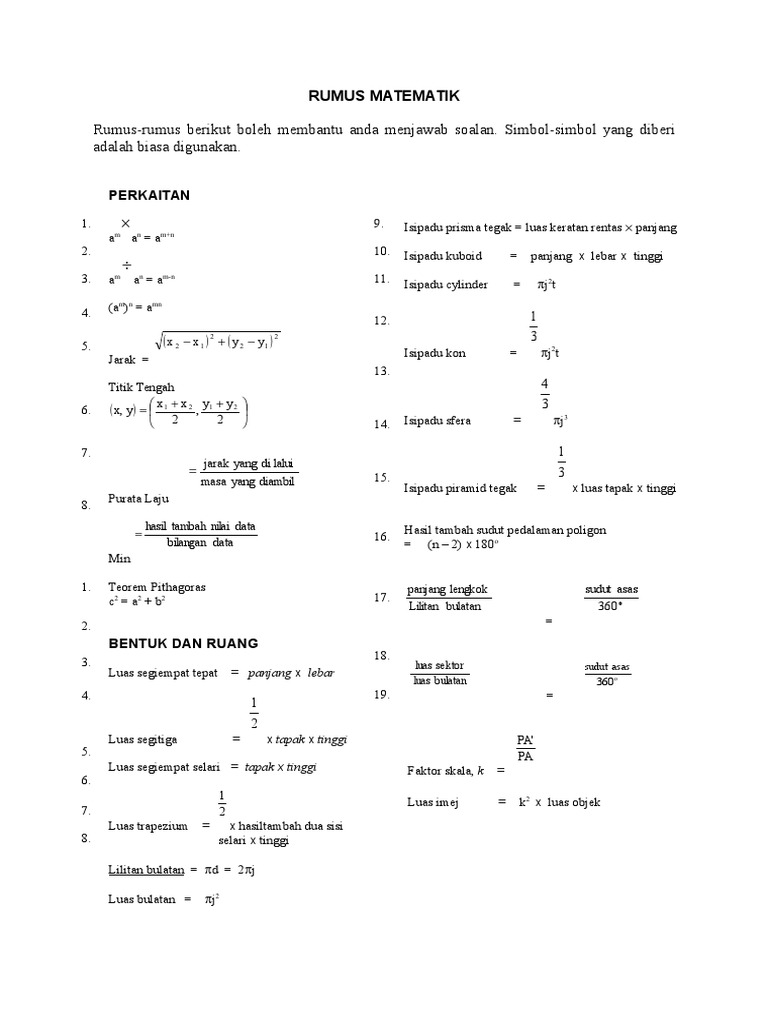 Rumus Matematik (BM) | PDF