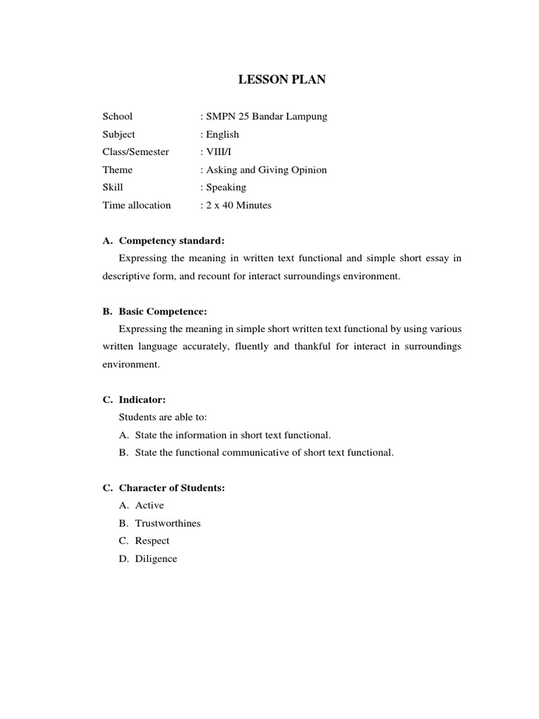 Asking and Giving Opinion Lesson Plan | PDF | Lesson Plan | Learning