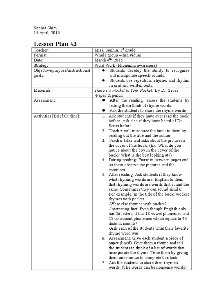 Lesson Plan #3: There's A Wocket in Your Pocket! by Dr. Seuss | PDF