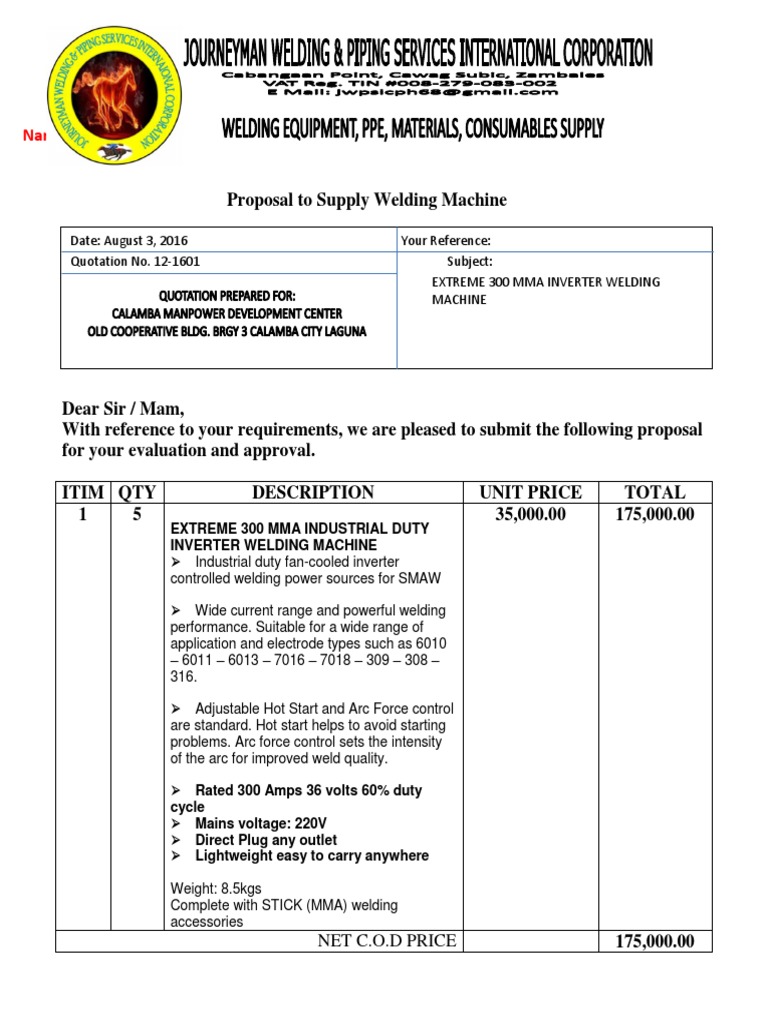 Proposal To Supply Welding Machine: Net C.O.D Price | PDF