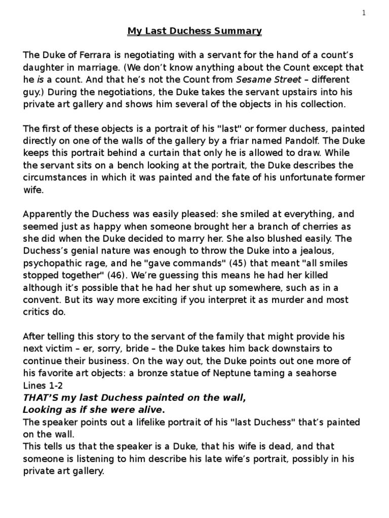 My Last Duchess Summary . | PDF