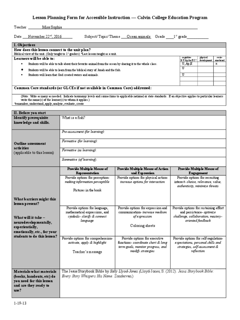 Lesson Planning Form for Accessible Instruction — Calvin College ...