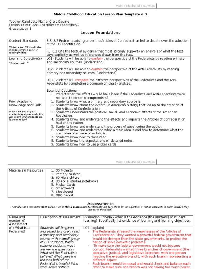 Lesson Foundations: Middle Childhood Education Lesson Plan Template v ...