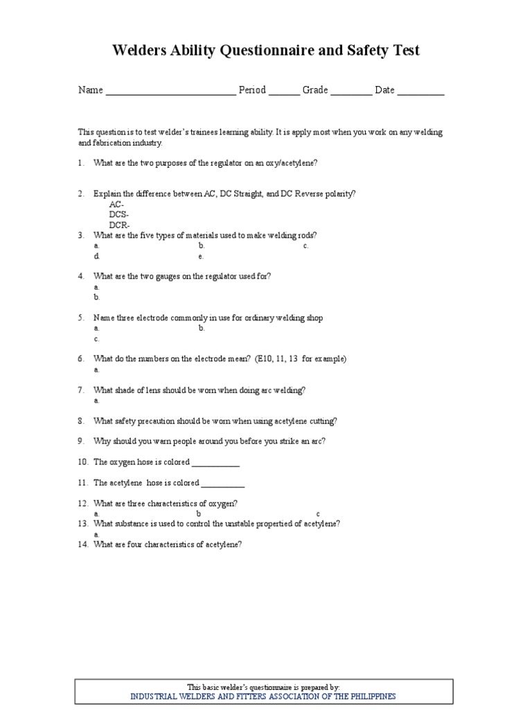 Welders Ability Questionnaire and Safety Test: Name - Period - Grade ...