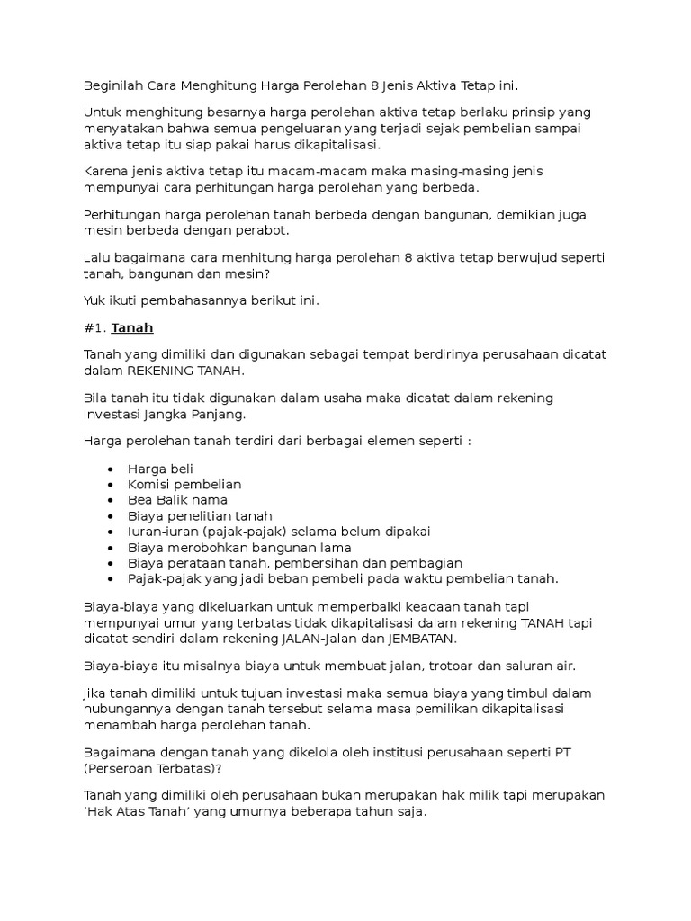 Beginilah Cara Menghitung Harga Perolehan 8 Jenis Aktiva Tetap Ini | PDF