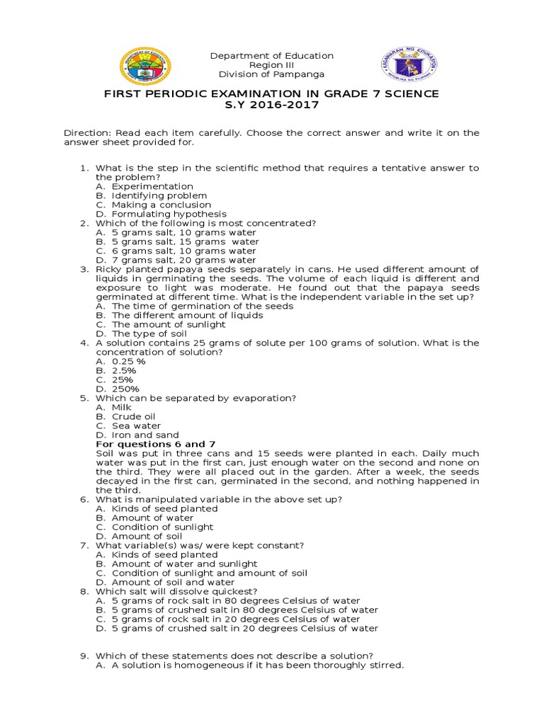 First Periodic Examination in Grade 7 Science S.Y 2016-2017: For ...