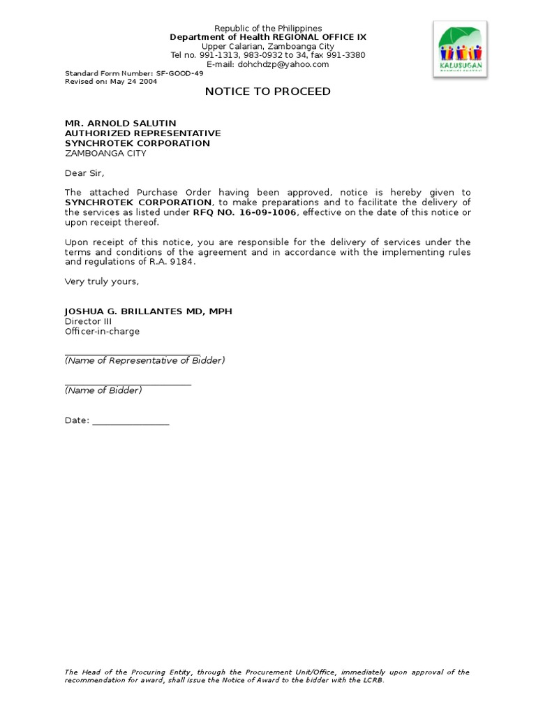 Notice to Proceed for Synchrotek | PDF | Business