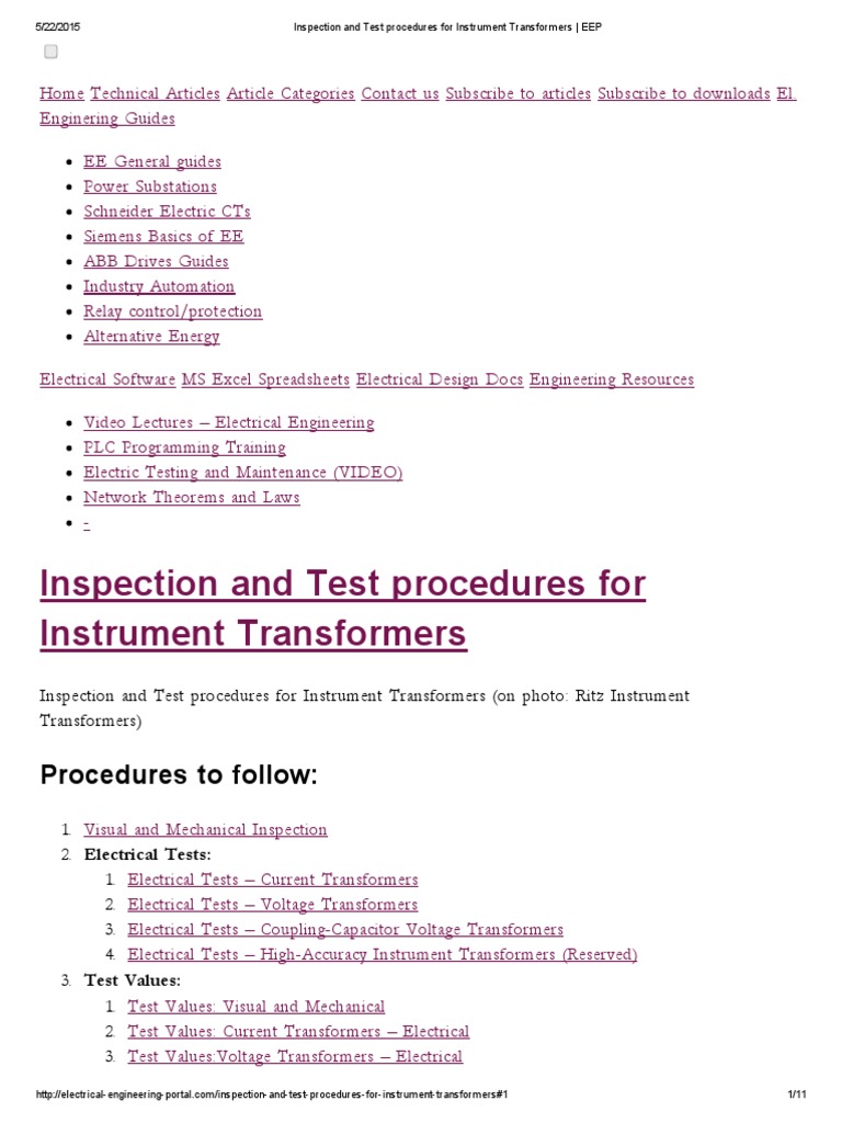 Inspection And Test Procedures For Instrument Transformers Eep Pdf