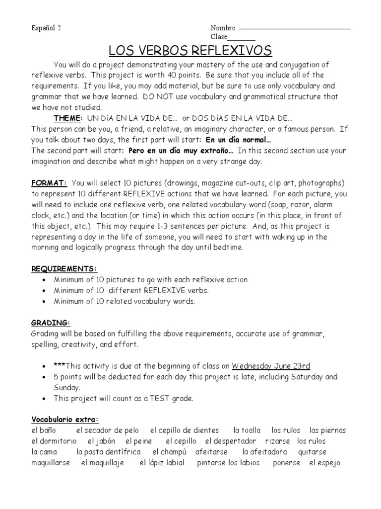 Reflexive Verb PROJECT | PDF