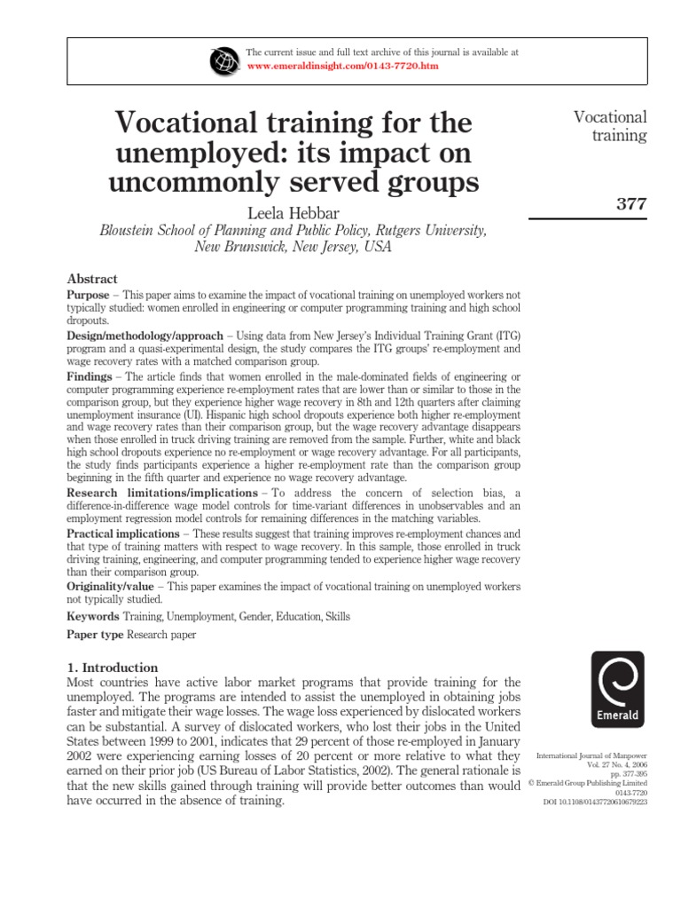 Vocational Training For The Unemployed: Its Impact On Uncommonly Served ...