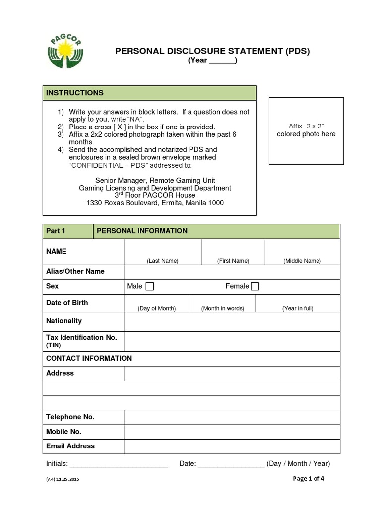 PAGCOR Personal Disclosure Statement Form | PDF | Insolvency | Board Of ...