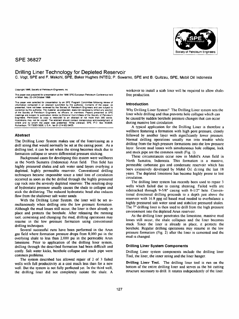 SPE 36827 Drilling Liner Technology For Depleted Reservoir | PDF | Oil ...
