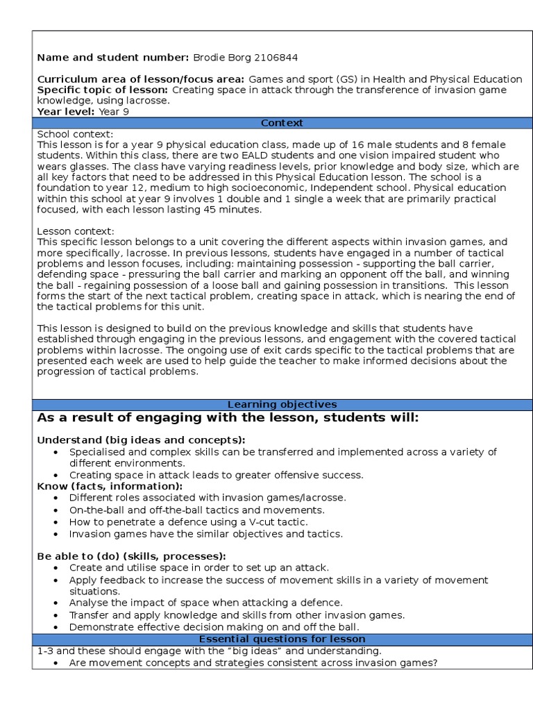 Tiered Lacrosse Lesson Plan for Year 9 | PDF | Physical Education ...