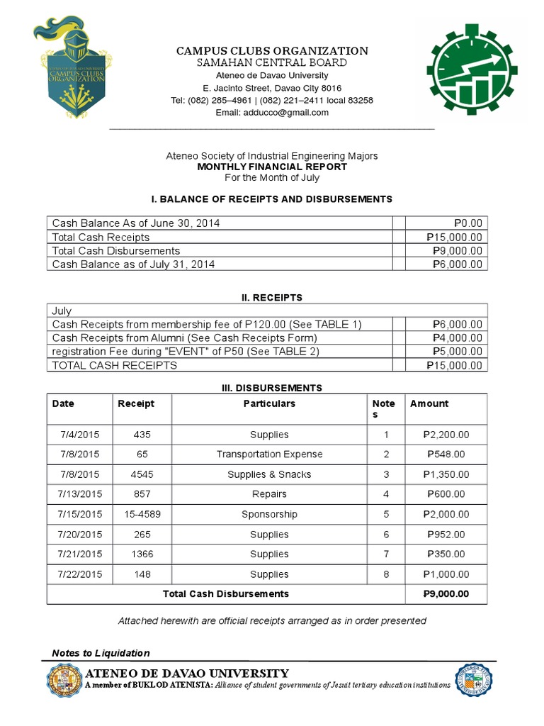 Campus Clubs Organization: Monthly Financial Report | PDF