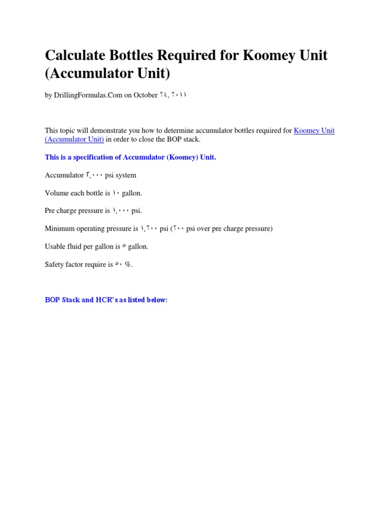 Calculate Bottles Required For Koomey Unit | PDF