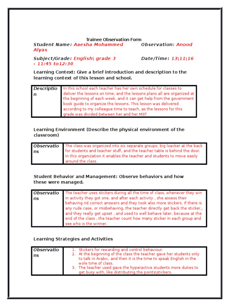 Trainee Observation Form 1 | Download Free PDF | Learning Styles | Teachers