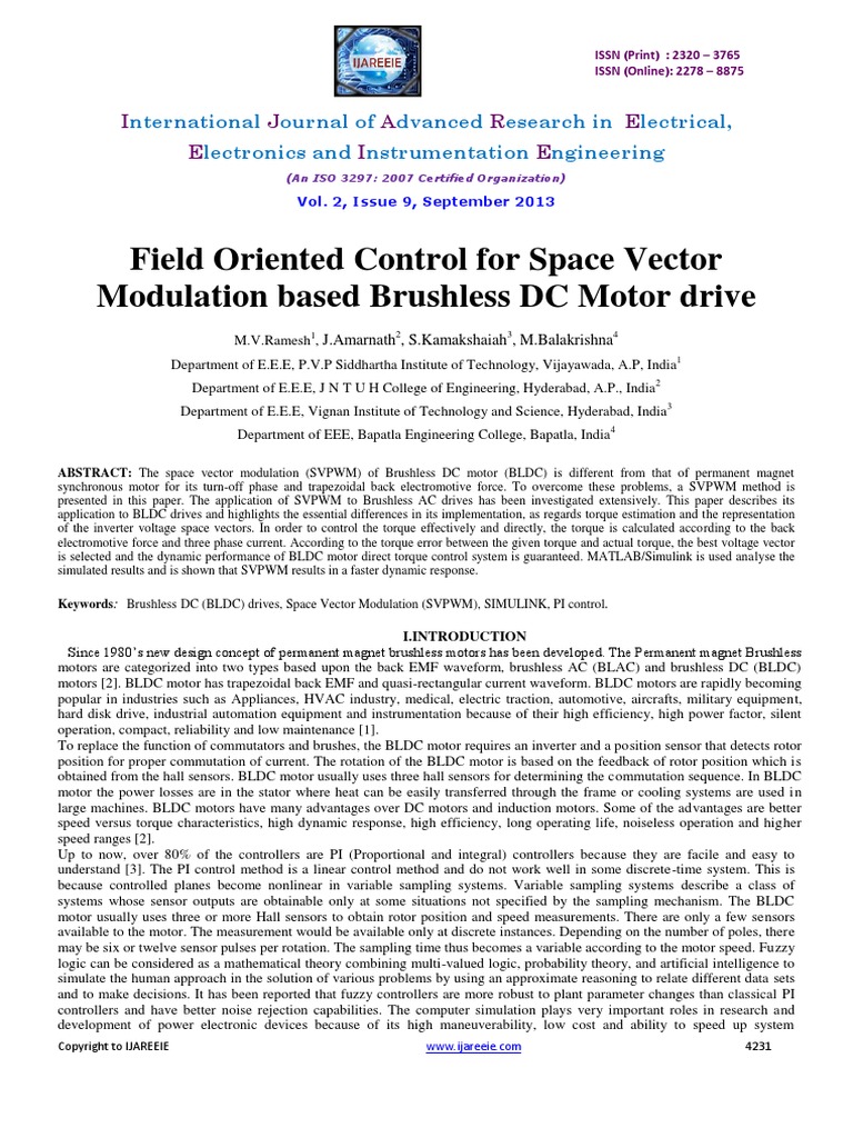 Field Oriented Control For Space Vector Modulation Based Brushless DC ...