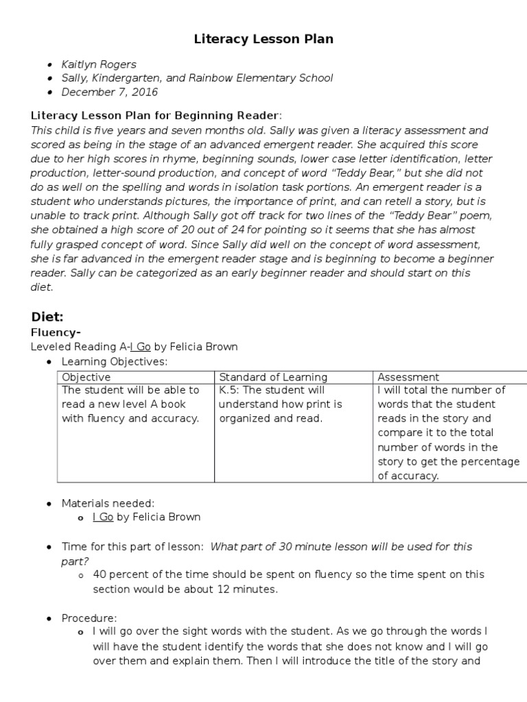 Kindergarten Literacy Lesson Plan | PDF | Reading Comprehension ...