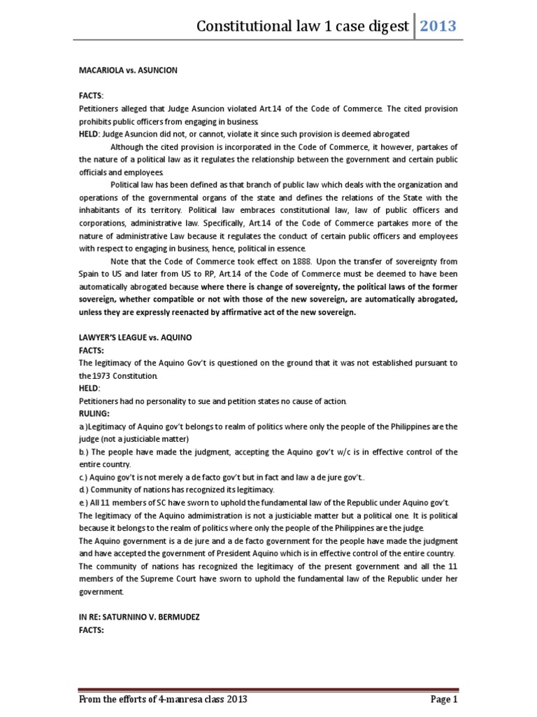 Consti 1 Case Digest (2013) | PDF | Mootness | Separation Of Powers