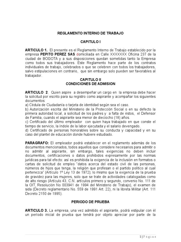 Ejemplo Reglamento Interno de Trabajo | PDF | Derecho laboral | Salario