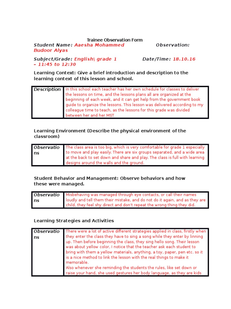 Trainee Observation Form 1 | PDF