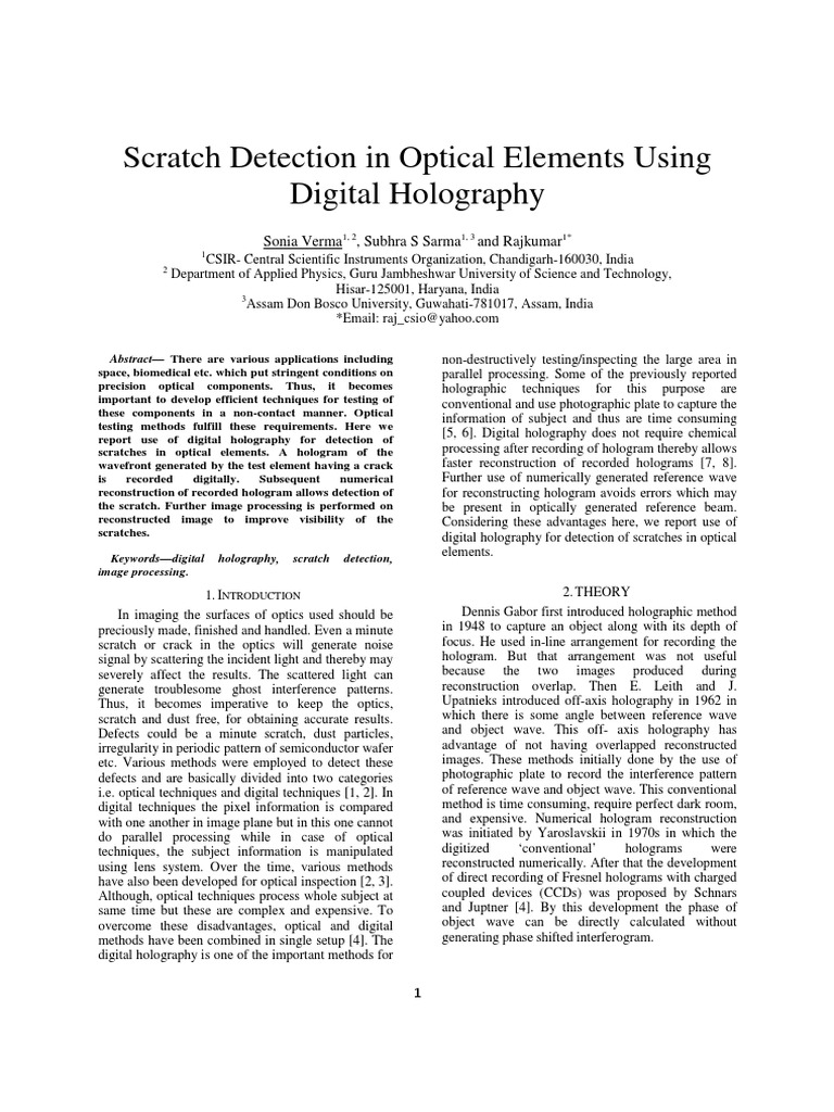 Scratch Detection in Optical Elements Using Digital Holography | PDF ...