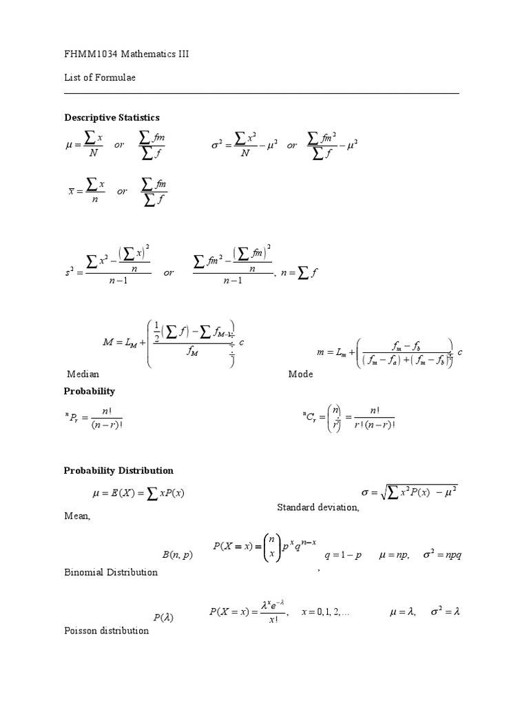Key Formulas in Mathematics III | PDF | Teaching Methods & Materials