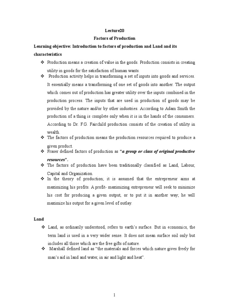 Factors of Production Learning Objective: Introduction To Factors of ...