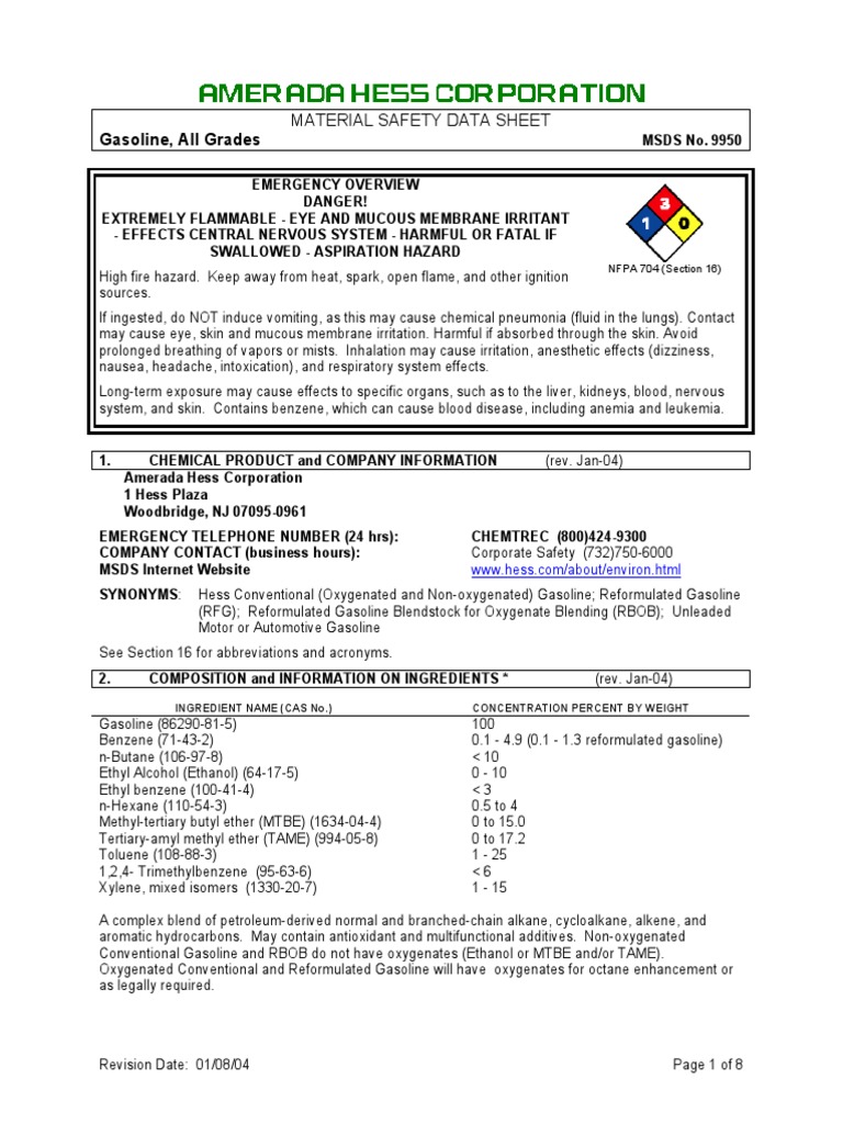 MSDS For Gasoline | PDF | Firefighting | Gasoline