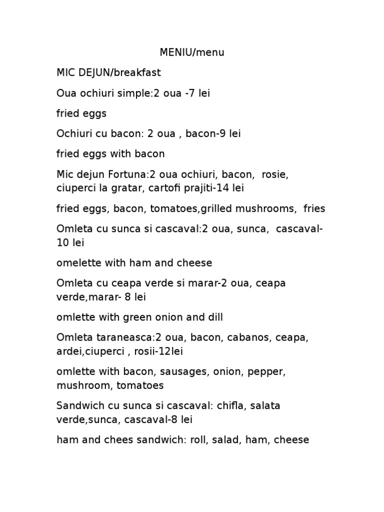 Menu for a Romanian Restaurant Serving Breakfast, Lunch and Dinner ...