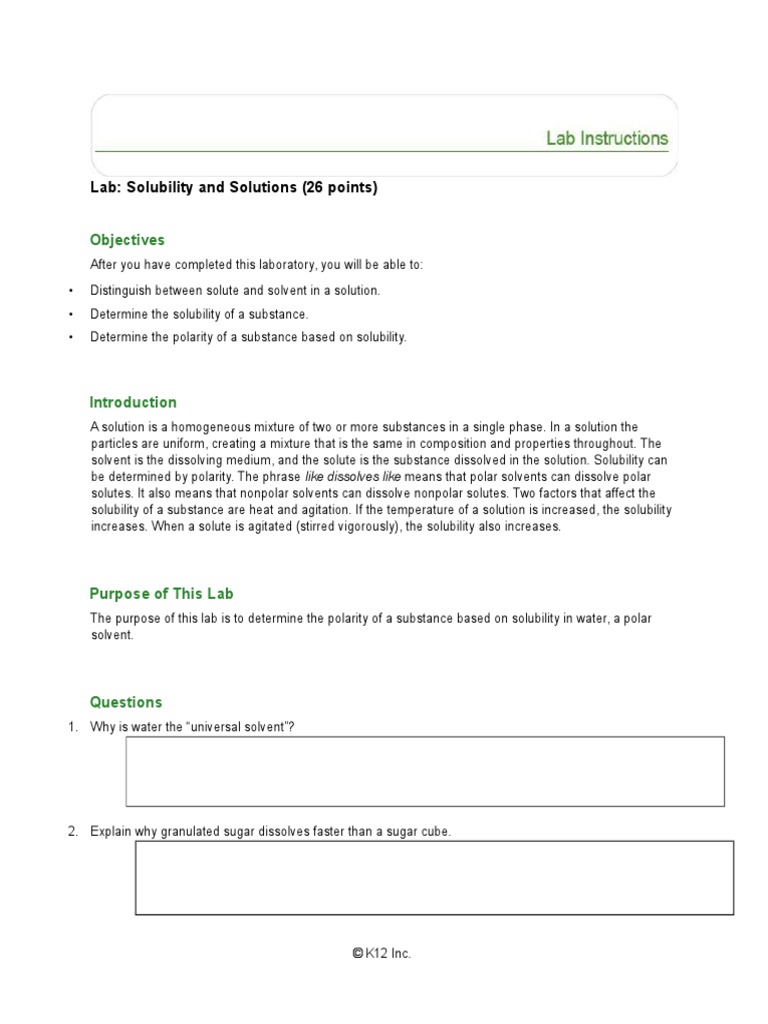 Lab: Solubility and Solutions (26 Points) : Objectives | PDF