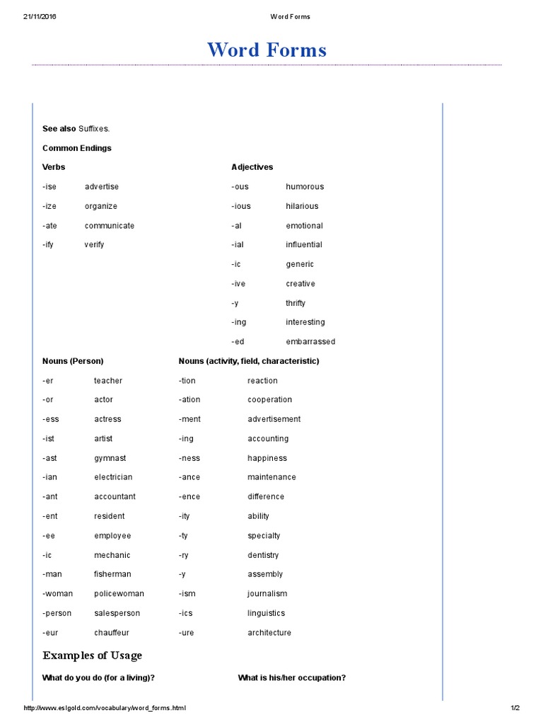 Word Forms: Examples of Usage | PDF