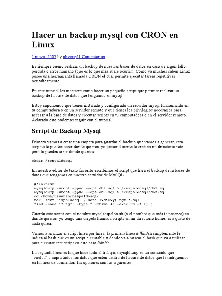 Hacer Un Backup Mysql Con Cron En Linux Pdf Datos De Computadora Software
