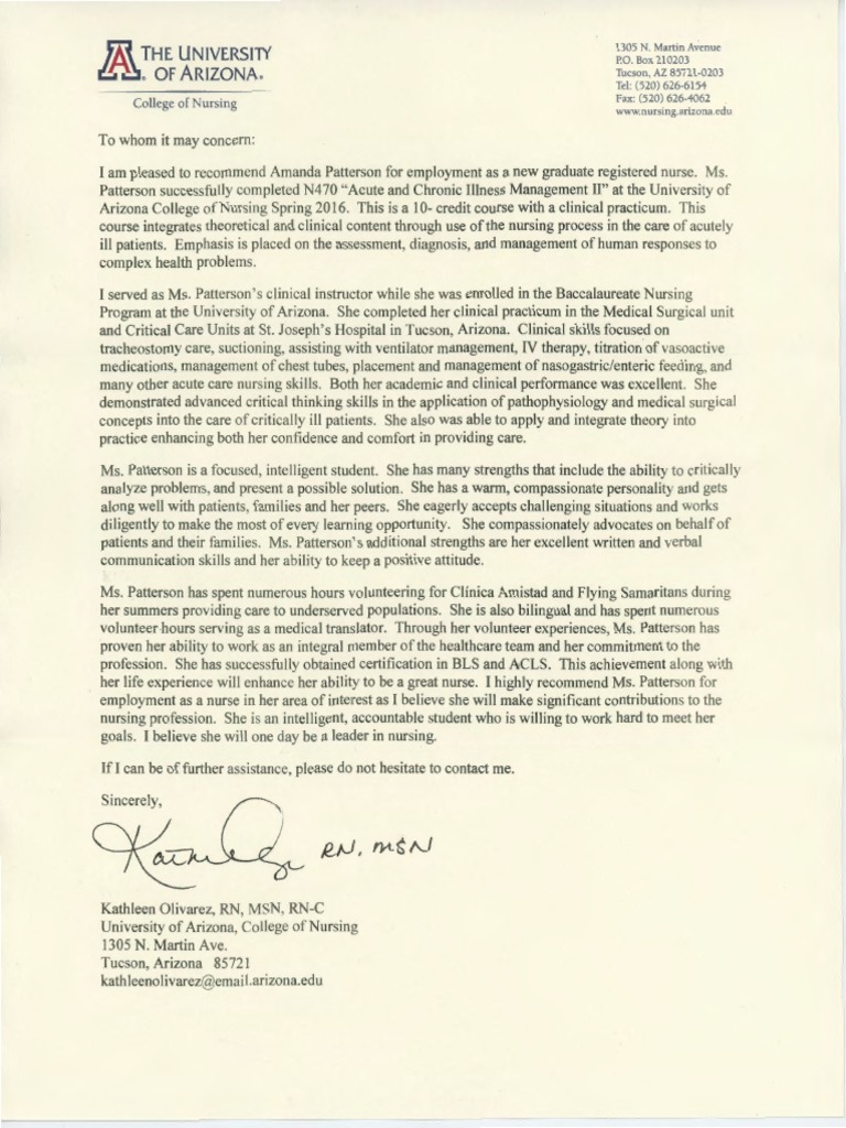 Rec Letter Patterson Amanda | PDF | Intensive Care Medicine | Nursing