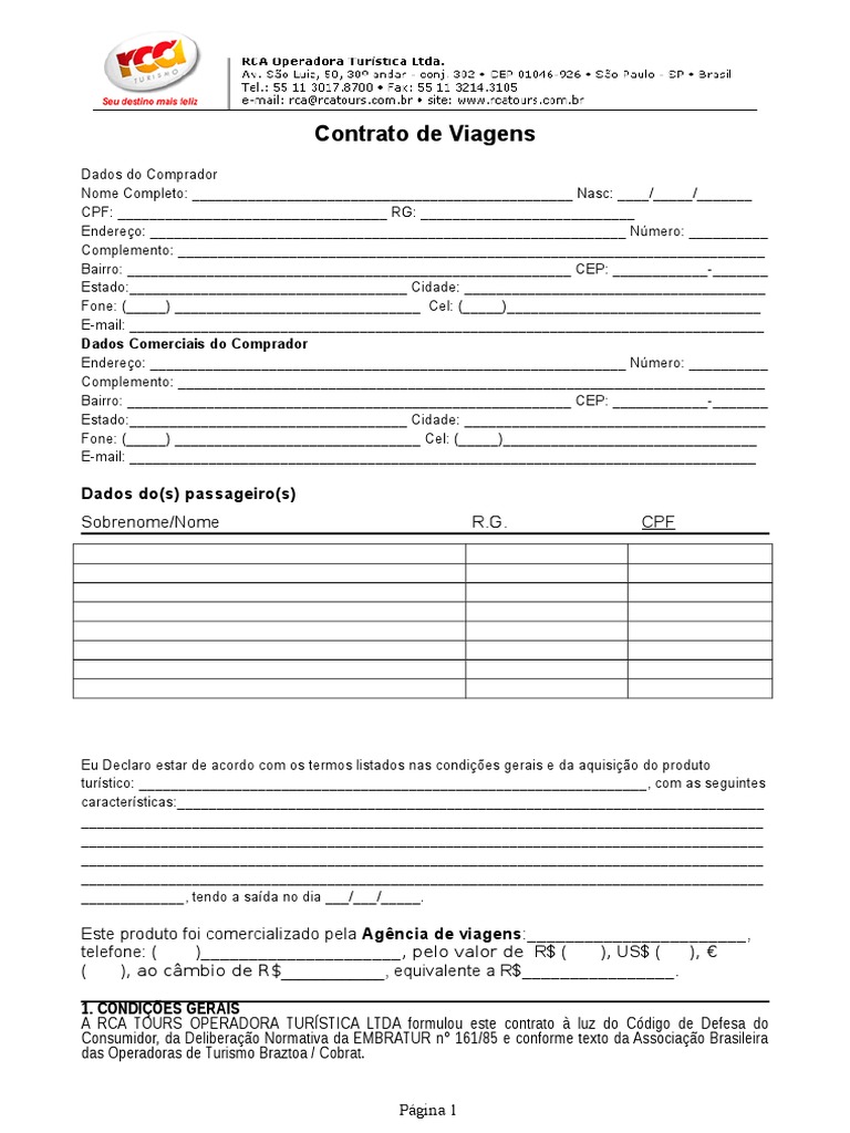 Contrato de Viagens Rca Para Preenchimento a Mao | Passaporte | Turismo