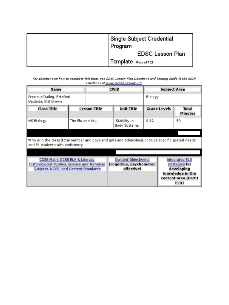 Single Subject Credential Program EDSC Lesson Plan Template: Precious ...