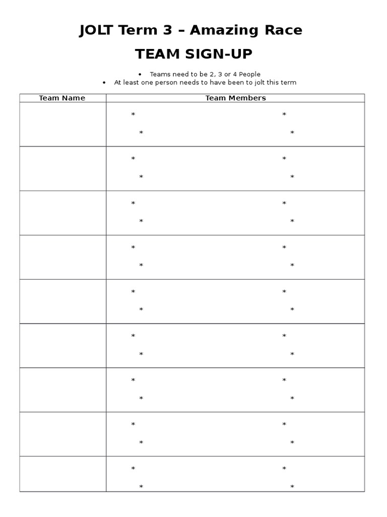 Amazing Race Team Sheet | PDF