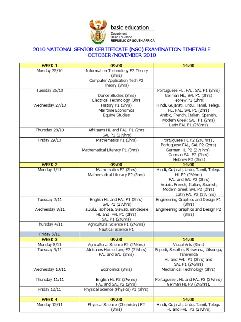 2010 NSC Matric Exam Timetable | PDF