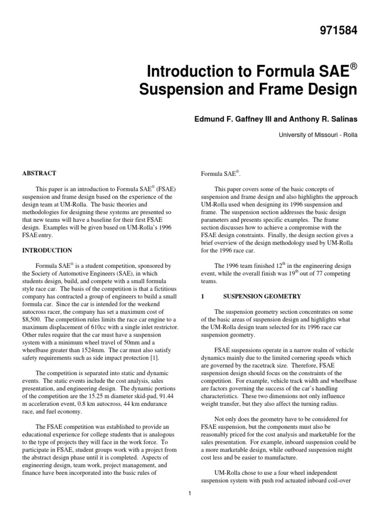 Suspension and Frame Design in Formula SAE - SAE Paper | PDF ...