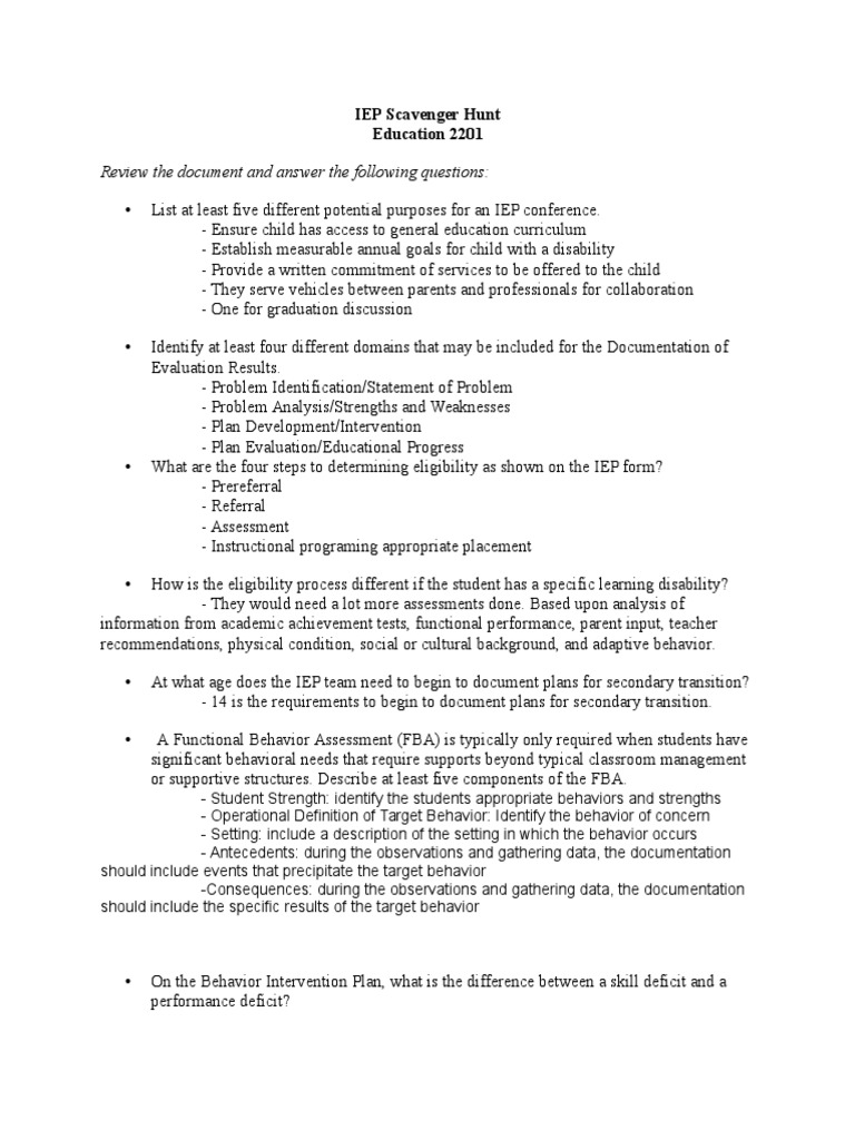Review The Document and Answer The Following Questions:: IEP Scavenger ...